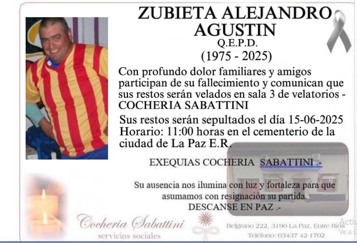 fallecio en la ciudad de la paz ZUBIETA ALEJANDRO AGUSTIN - TOP FM